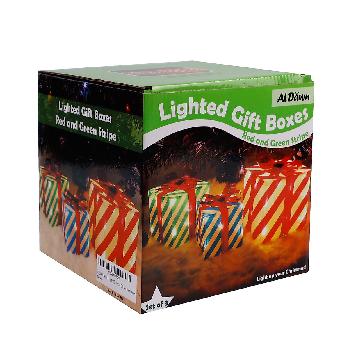 ATDAWN Set of 3 Lighted Gift Boxes Christmas Decorations, Pre-lit Light Up Present Boxes with Red Green and Blue Stripe for Christmas Indoor Home Outdoor Yard Lawn