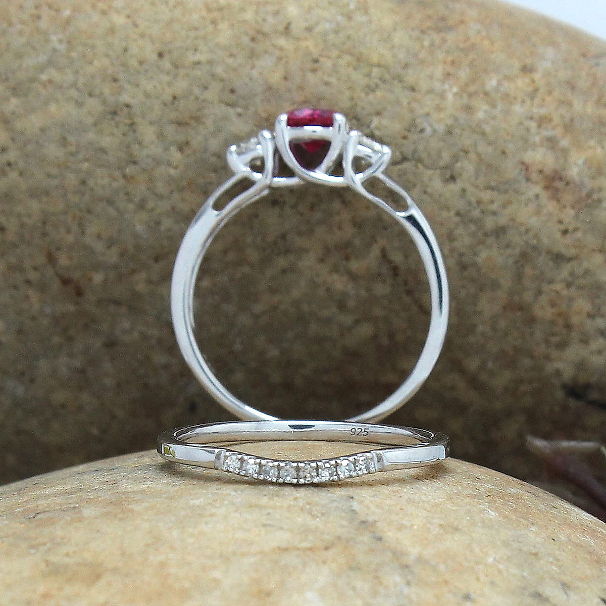 GEMVIO Collection Three Stone Ring, 5MM Round Lab Created Ruby Gemstone & Natural Diamond In 14K White Gold Over Sterling Silver Engagement Anniversary Wedding Bridal Set Ring(0.80Cttw)-7