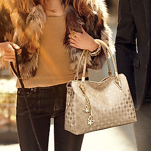 YOUNXSL Women Fashion Synthetic Leather Handbags Tote Bag Shoulder Bag Top Handle Satchel Purse with Pendant Set 4pcs Black