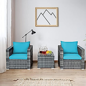 DORTALA 3 PCS Patio Wicker Bistro Set, Outdoor Rattan Sofa Set, Conversation Furniture w/Washable Cushion, Tempered Glass Top Table, Backyard Rattan Sofa Chair for Garden Poolside Balcony, Turquoise