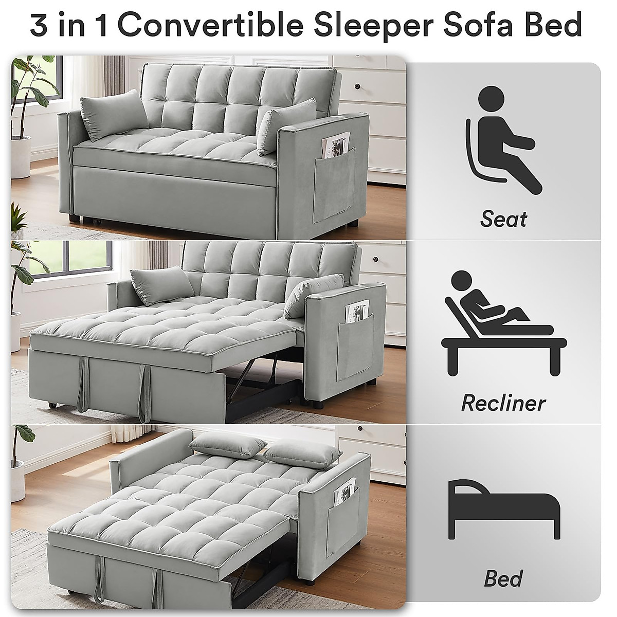 Rovibek Sofa Bed 3 in 1 Sleeper Sofa Couch Bed Pull Out Futon Sofa Bed Convertible Sleeper Sofa Bed Love Seat with 2 Pillows & Side Storage Pockets for Living Room Apartment Small Space