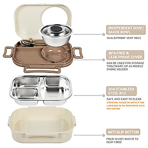 Puraville Stainless Steel Bento Lunch Box for Kids and Adults, Stackable BPA-Free Food Containers with 3 Compartments and Reusable Sauce Bowl, Fork and Spoon, (1000ml/34oz, Cream)