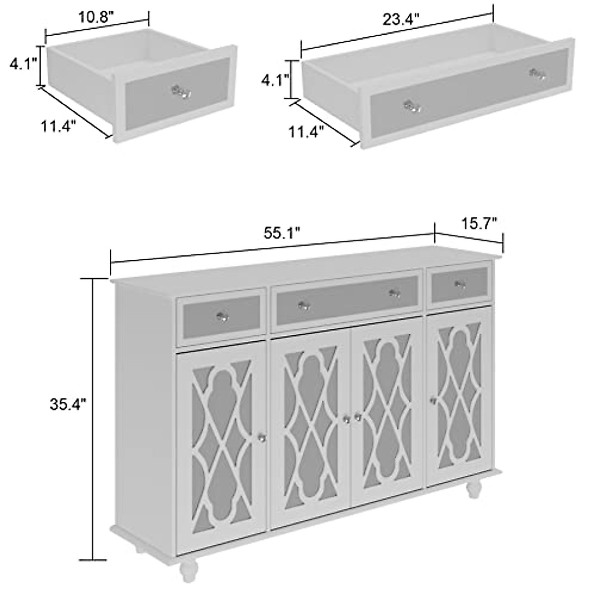 Homsee Buffet Sideboard Storage Cabinet with Mirror Doors, 3 Drawers & 6 Storage Compartments, Kitchen Cupboard Console Table for Hallway and Living Room, White (55.1”L x 15.7”W x 35.4”H)