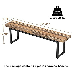 STHOUYN 59” Dining Bench Pair of 2 for 6-8 Person, Farmhouse Indoor Kitchen Table Benches, Bed Bench, Industrial Shoe Bench, Entryway Benches (Brown 2pcs)