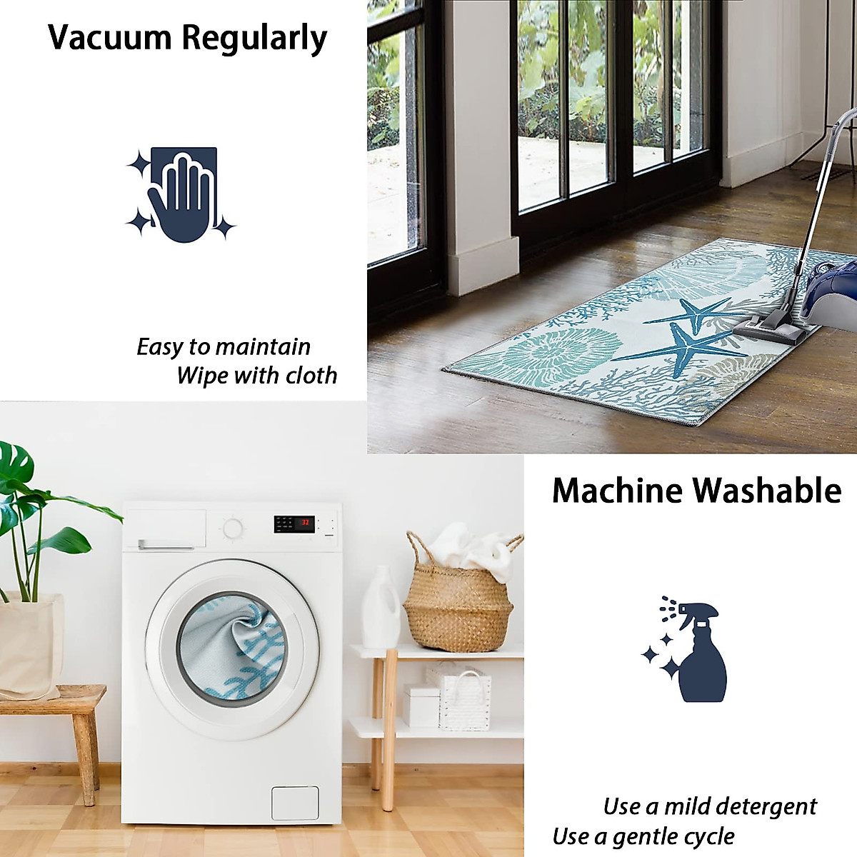 Tritard Coastal Area Rug 2x3 - Small Machine Washable Foldable Throw Rugs Non-Slip Beach Ocean Entryway Doormat Indoor Entrance Carpet for Kitchen Bathroom Laundry Bedroom Living Room, Blue