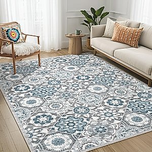 Micgeek 5X8 Area Rugs for Living Room - Washable Large Bohemian Low Pile Stain Resistant Floral Rug Soft Non Slip Neutral Indoor Floor Rugs for Bedroom Kitchen Dining Room Home Office,Grey/Blue