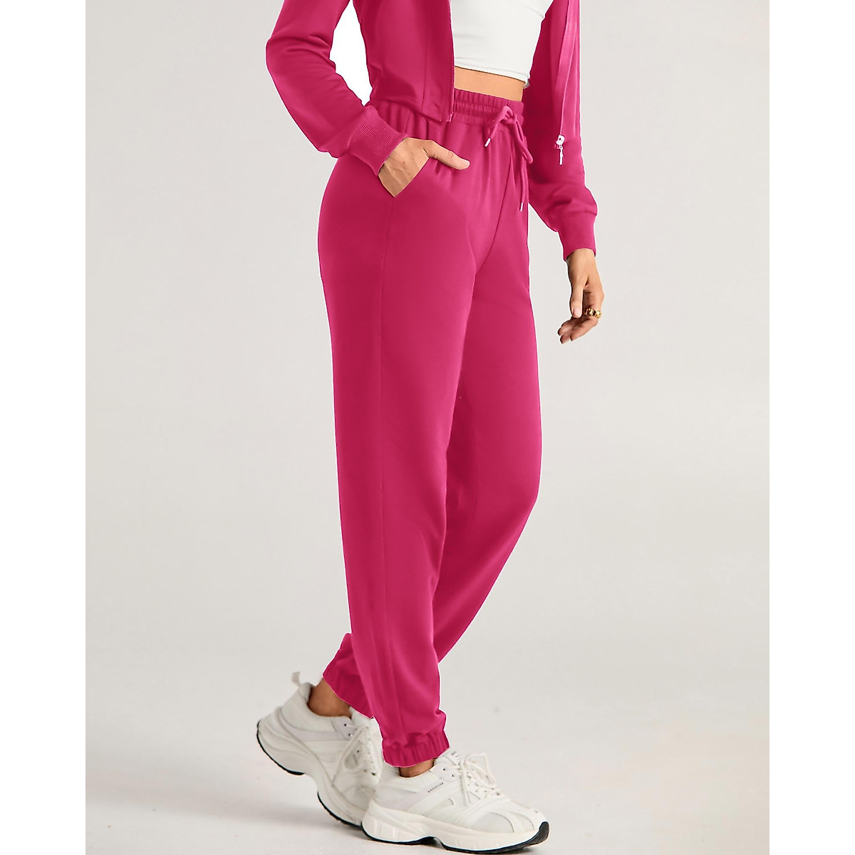 KIRUNDO Women's Fall Two Piece Outfit Long Sleeve Cropped Hoodie Jacket Long Pants Tracksuit Sweatsuits Jogger Set Hot Pink