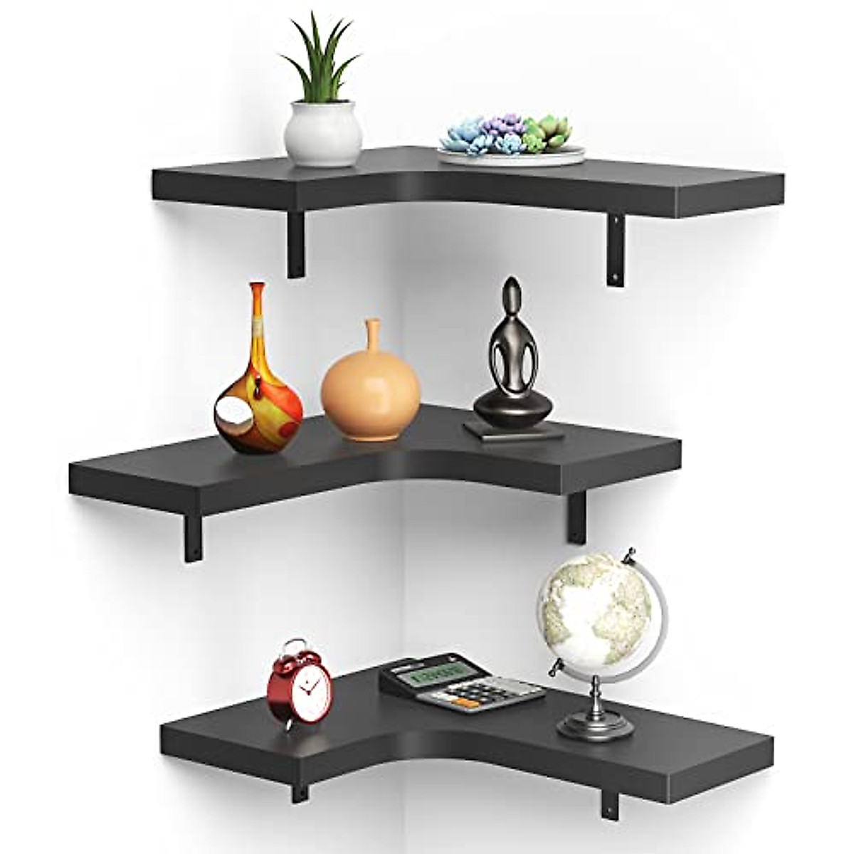 Buwico Corner Floating Shelves, Black Wall Mount Corner Shelf, Rustic Wood Wall Storage Shelves Set of 3, Solid Wood Corner Wall Shelf for Bedroom, Living Room, Bathroom, Kitchen, Office (Black)