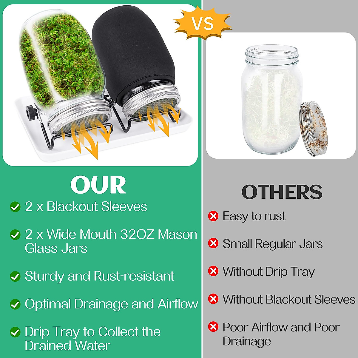 Seed Sprouting Jar Kit with 2 Wide Mouth Mason Jars Bean Sprouts Growing Kit Microgreens Growing Jar with Mesh Screen Lids Sprouter Sprouts Maker for Growing Broccoli, Alfalfa, Mung Bean