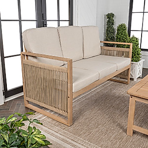 JONATHAN Y SFB1002A Gable 3-Seat Mid-Century Modern Roped Acacia Wood Outdoor Sofa with Cushions Scandinavian, Classic, Transitional, Industrial for Backyard, Patio, Porch, Beige/Light Teak