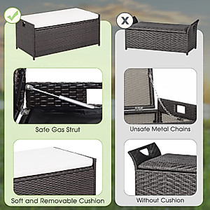 Tangkula 34 Gallon Outdoor Storage Bench with Seat Cushion, Patio Mix Brown Wicker Deck Box with Waterproof Liner and Side Handles, Outdoor Storage Bench for Cushions, Garden Tools, Pool Accessories