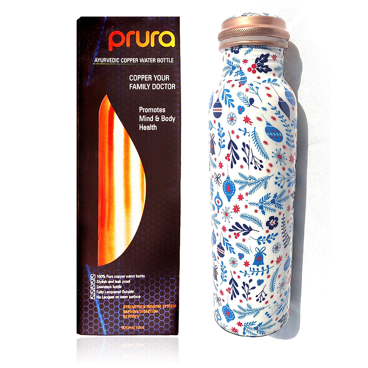 PRURA Pure Printed Copper Water Bottle - Leak Proof Ayurvedic Drinkware Copper Vessel for Sports, Gym, Outdoors, Yoga, Health Benefits (30 oz)
