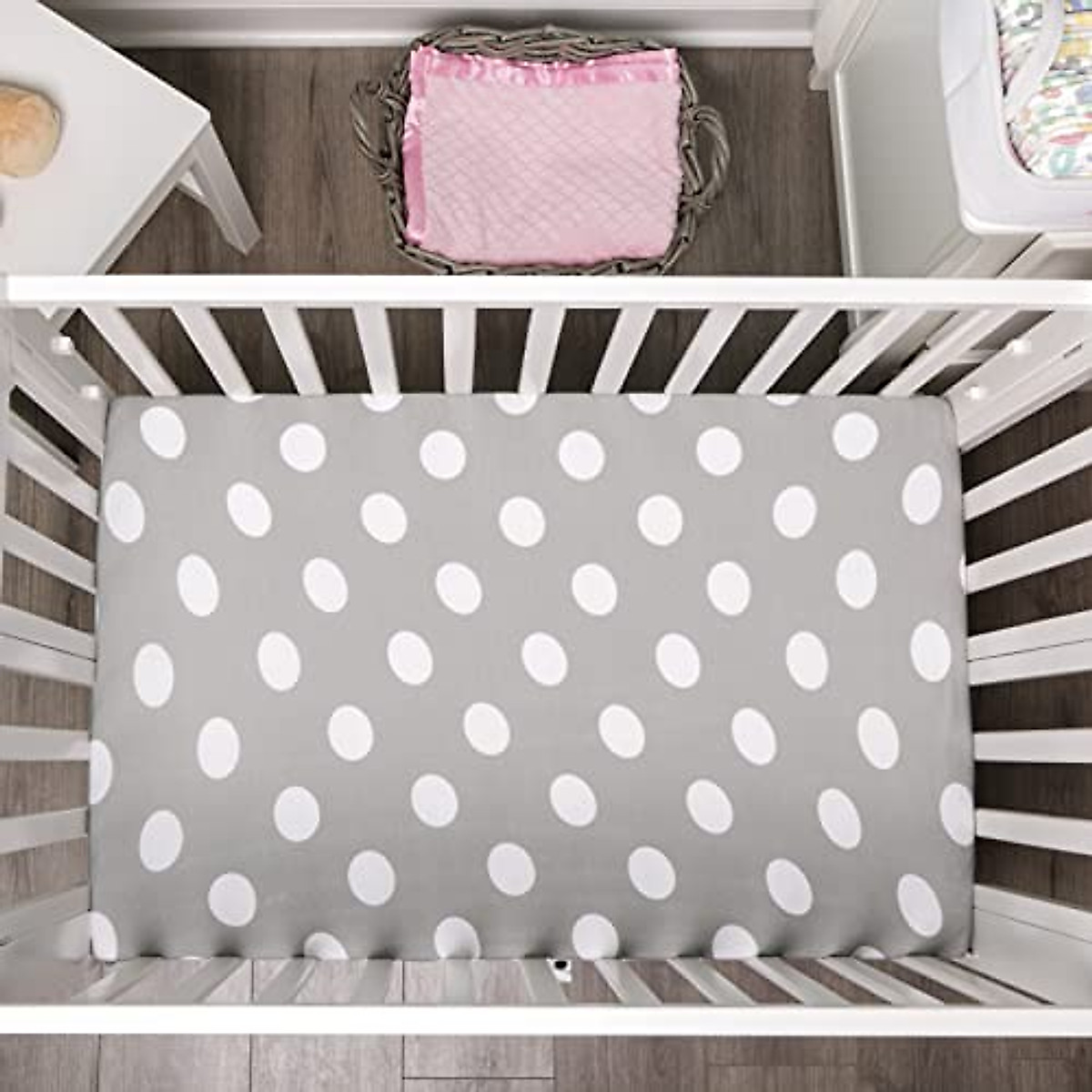 2 Pack n Play Mattress Sheets – 100% Jersey Knit Cotton Soft Portable Crib Mattress Sheets for Girls with Pink Heart and Gray Polka Dot Design; 2 Pc Playpen Mattress or Mini Crib Sheet Fitted Set