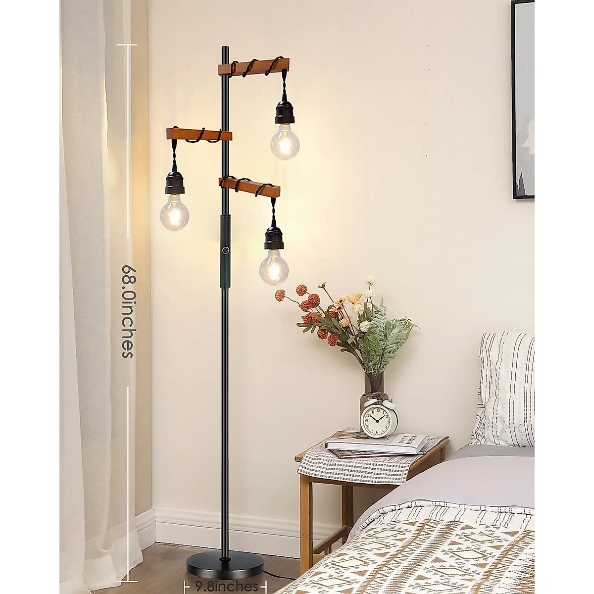 Assemer Dimmable Farmhouse Floor Lamp,Industrial Vintage Tall Tree Lamp with 3 x 800lm LED Edison Bulbs,Standing Lamps for Living Room Bedroom