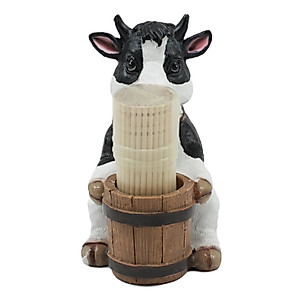 Ebros Country Farm Bovine Cow With Bell Collar Holding A Wooden Barrel Decorative Toothpick Holder Statue With Toothpicks 4"Tall Starter Kit Cattle Animal Figurine Collectible Kitchen Decor