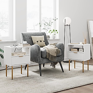 Masupu Nightstand with Charging Station,Mid-Century Modern Bedside Table with Storage Drawer and Open Wood Shelf,Small Gold Frame Side Table for Bedroom,Living Room (White)