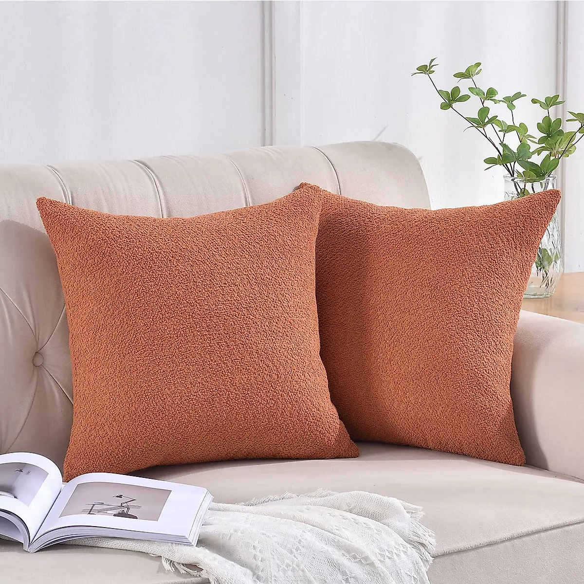 Rythome Set of 2 Cozy Boucle-Like Textured Throw Pillow Covers, Decorative Elegant Accent Pillow Cases for Couch Bed and Living Room - 18"x18", Terracotta