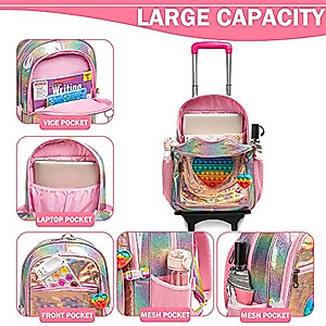 Meetbelify Girls Love Rolling Backpack with Wheels for Elementary Kindergarten Kids Suitcase Set Travel Laptop Luggage for Girls Ages 6-8