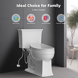 Hibbent Round Bidet Toilet Seat with Slow Close, Non-Electric Bidet Attachment for Toilet Seat with Dual Nozzle, Bidet Sprayer with Adjustable Self-Cleaning Nozzles, Brass T Adapter