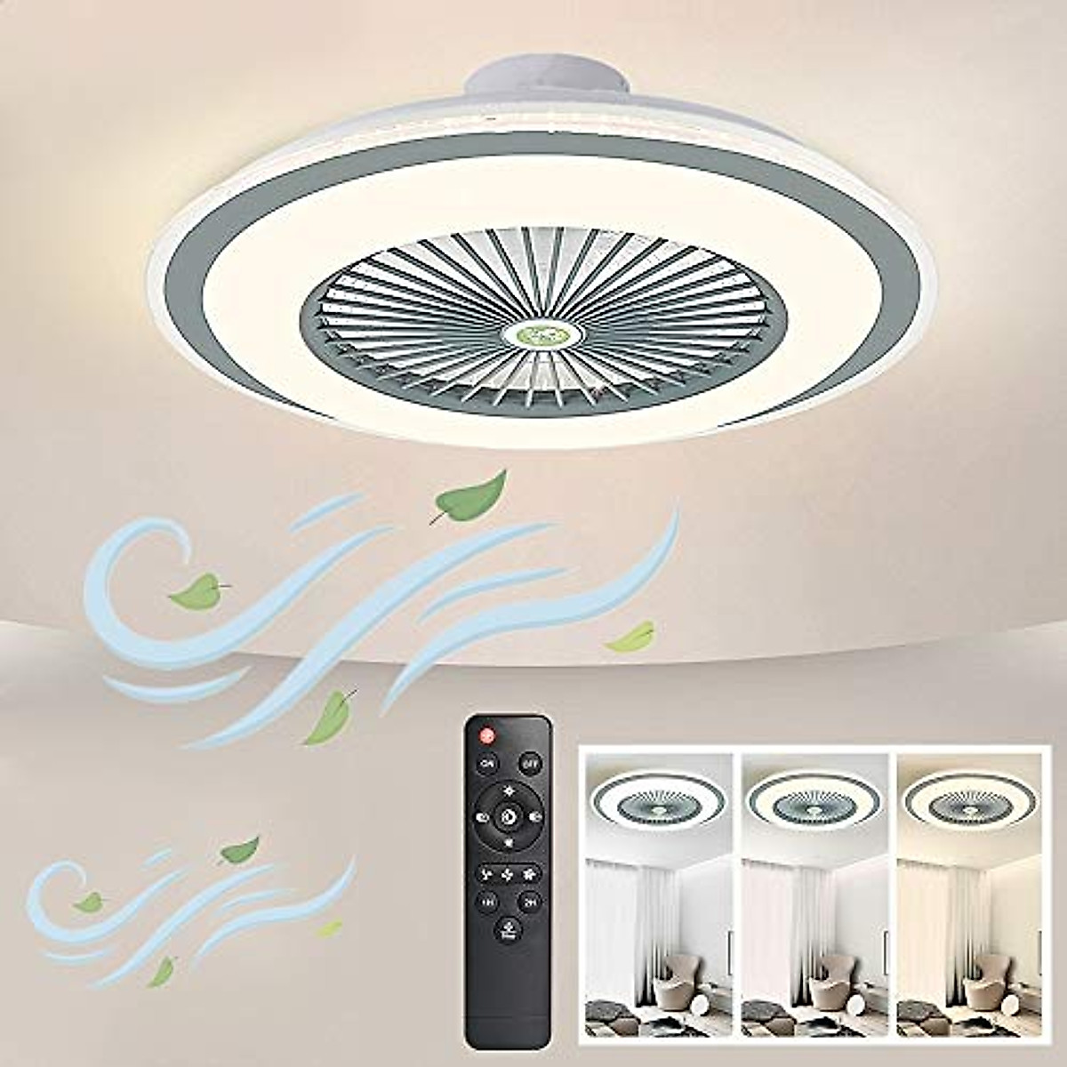 IYUNXI Ceiling Fan with Lights Oversize 24'' Remote Control 40W Ultra-Thin Design Enclosed Round LED 3-Color Dimmable Fan Light with 5 Invisible Blades Low Profile Flush Mount 3-Gear Wind Smart Timing