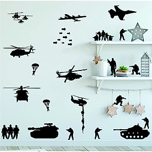 Army Tank Wall Decors Set for Wall Solider Military Helicopter Wall Stickers for Teens Boys Bedroom Kids Room Vinyl Decals (Black (JWH117))