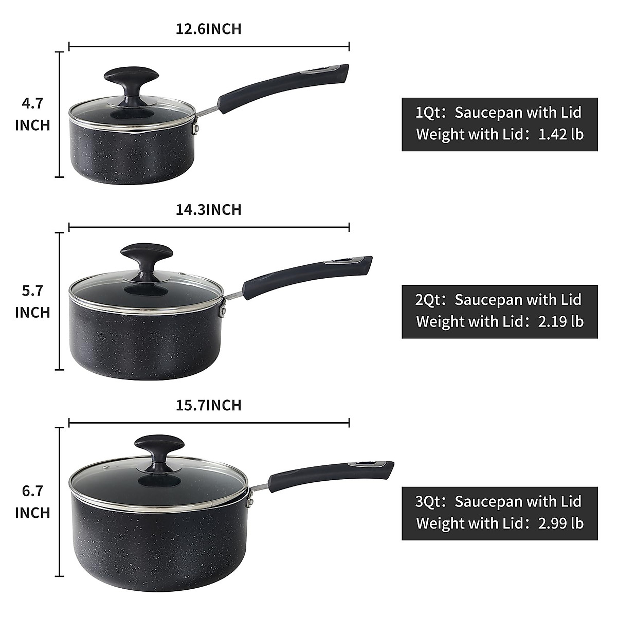 HooJay Nonstick Saucepan with Lid, Non Stick 1Qt & 2Qt & 3Qt Sauce Pan Set with Silicone Handle,Small Milk Pot with Glass Lid for Home Kitchen