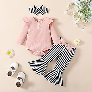ADXSUN Newborn Baby Girl Clothes Ribbed Ruffled Romper+Striped/Cow/Leopard Flared Pants Infant Outifts 0-18 Months