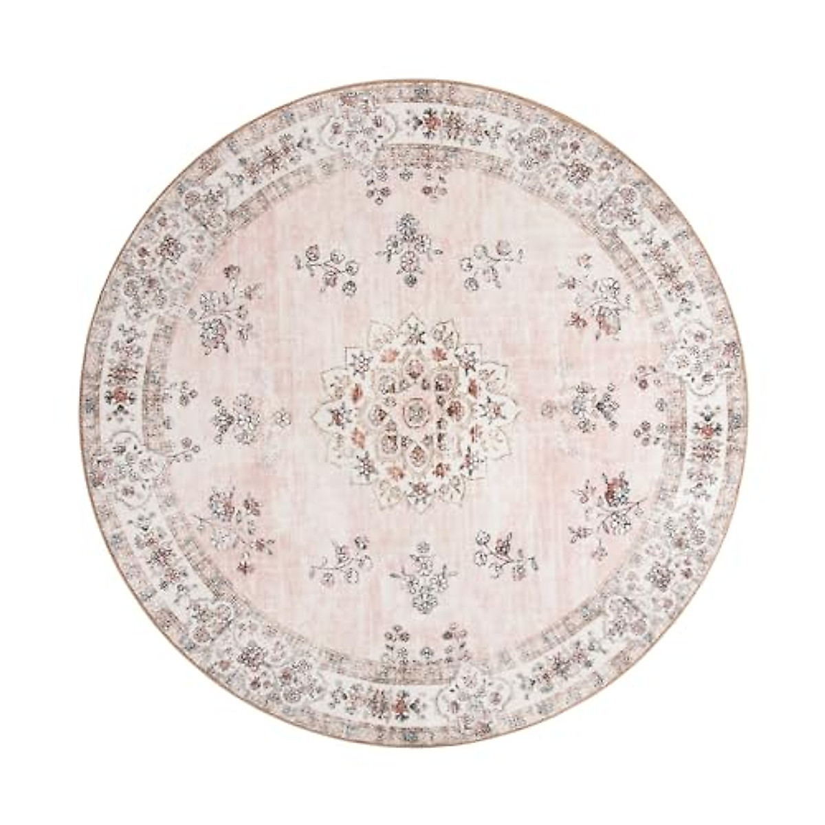 Lahome Machine Washable Round Rug 5Ft, Soft Boho Pink Round Area Rugs for Nursery and Girls Bedroom, Pastel Floral Ultra-Thin Non-Slip Circle Carpet for Living Room Indoor Floor Home Office Decor