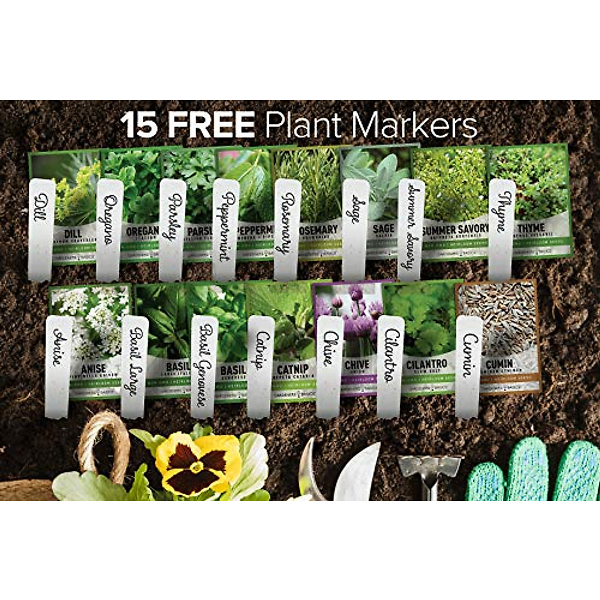 15 Herb Seeds For Planting Varieties Heirloom Non-GMO 5200+ Seeds Indoors, Hydroponics, Outdoors - Basil, Catnip, Chive, Cilantro, Oregano, Parsley, Peppermint, Rosemary and More By Gardeners Basics