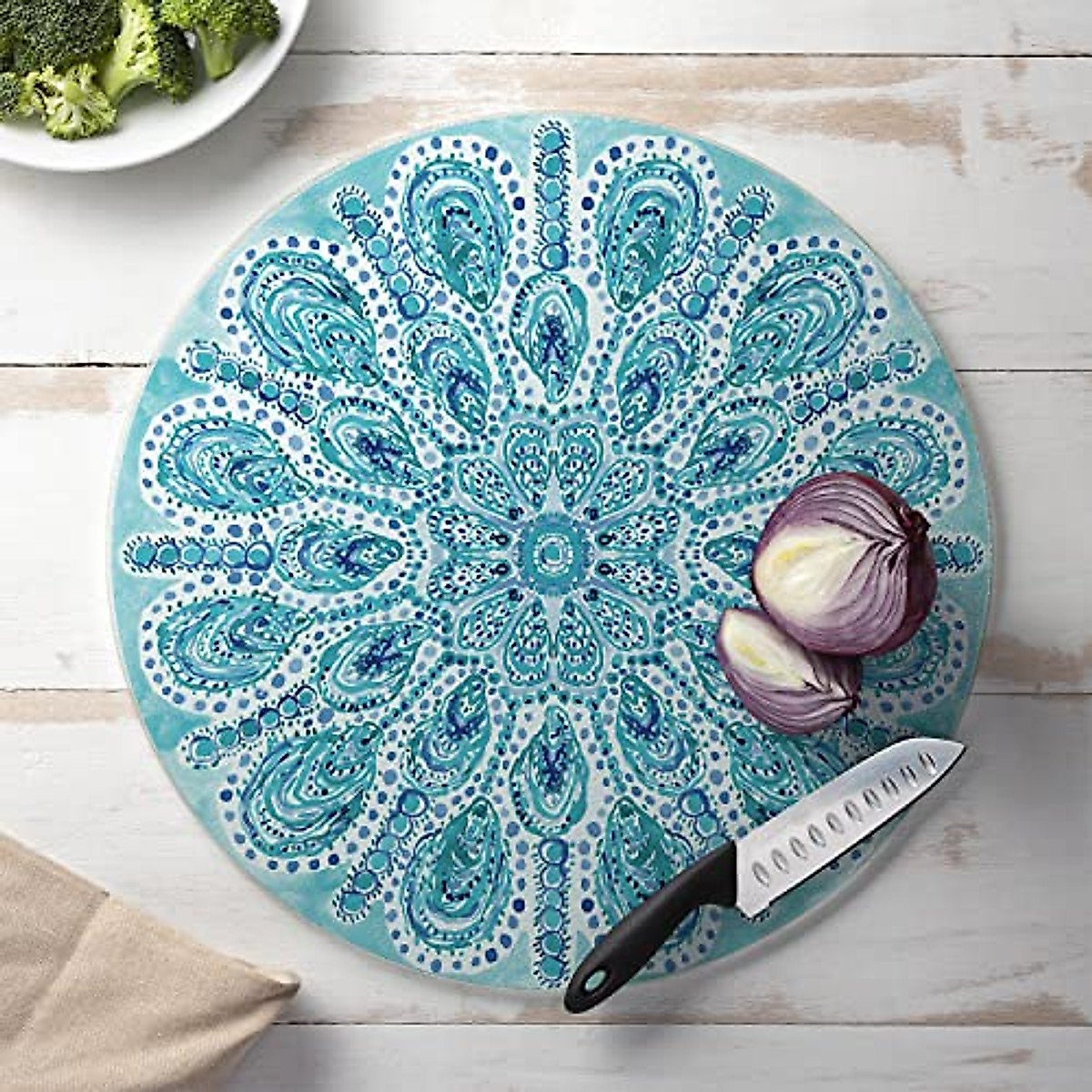 CounterArt Ocean Fantasy 4mm Heat Tolerant Round Tempered Glass Cutting Board 16" Round Manufactured in the USA Food Preparation Board, Cake Plate, Pizza Stand