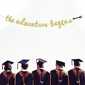 Glitter The Adventure Begins Banner - 2022 Graduation Decor, Retirement Bridal Shower Engagement Party Decoration Supplies Gold