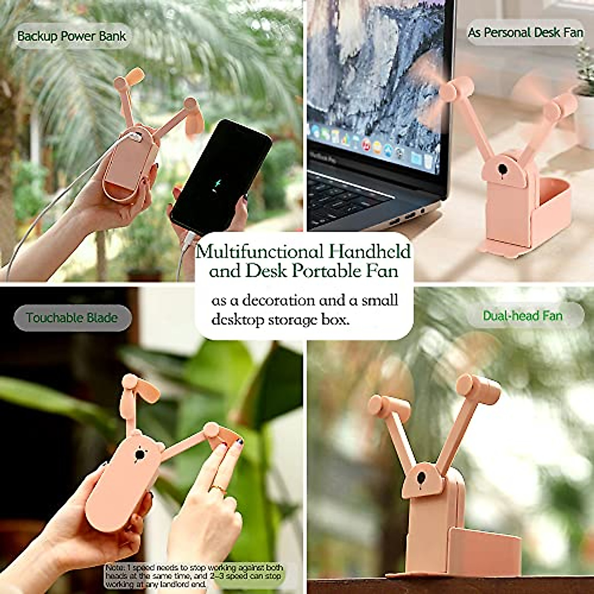 Bovisbws Portable Handheld Desk Fan,Dual-head fan with 3000 mAh Powerbank 20H Runtime,Duble Enhanced Airflow, Battery Operated or USB Powered Folding Personal Fan,3 Speeds,Rechargeable Mini Fan,White