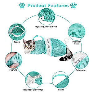 Cat Bag for Bathing 8 PCS Set with Cat Shower Net Bag Adjustable Pet Grooming Brush Nail Clipper Nail File Hair Combs Tick Tool Nail Caps, Nail Trimming Bath Cleaning Supplies Kit for Cats & Dogs