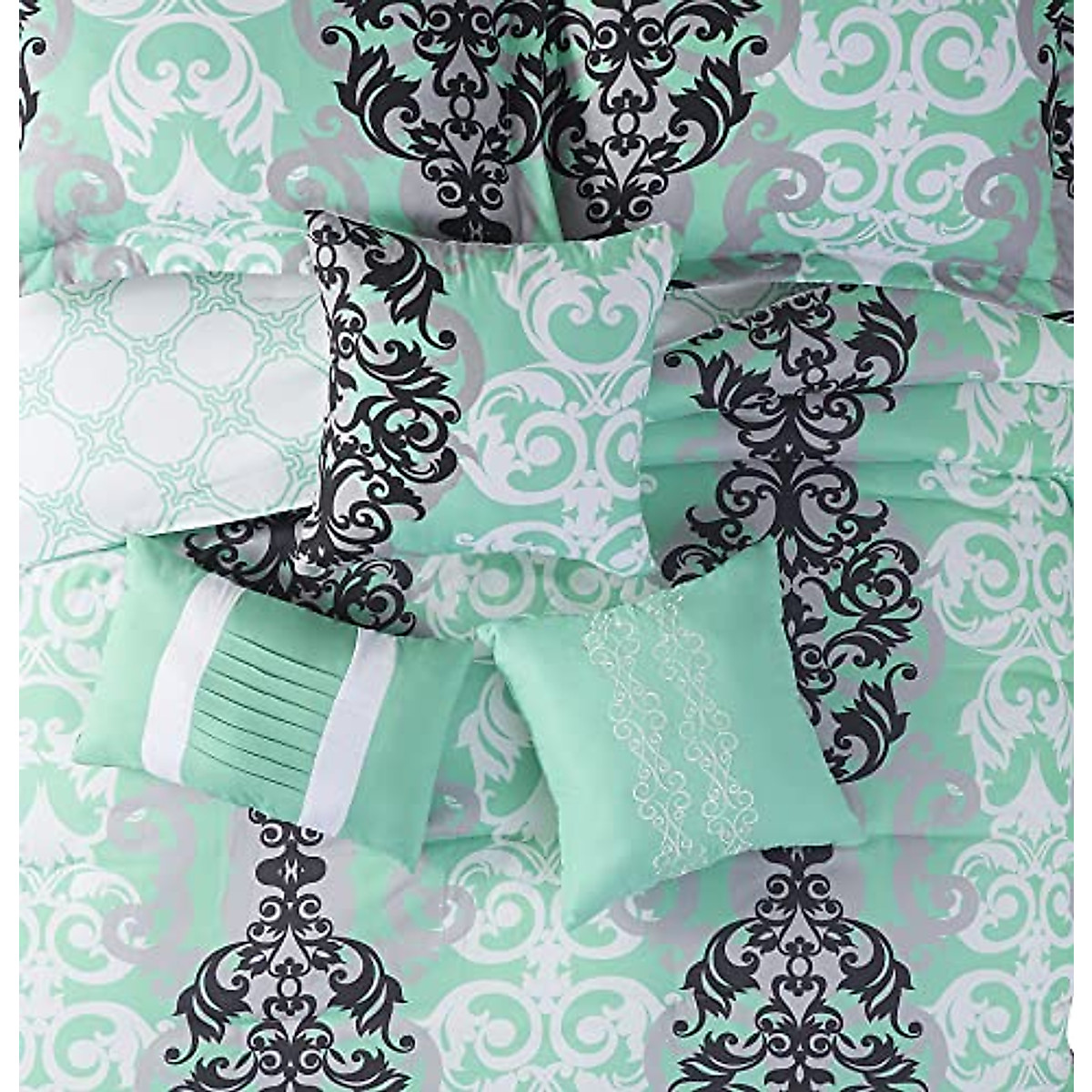 Carmela Home – Comforter Set, Downton, Full/Queen, 7-Piece Set Includes 1 Comforter, 1 Sham, 4 Pillows, & 1 Bed Skirt, 100% Polyester, Reversible & Lightweight, Contemporary Turquoise, Aqua