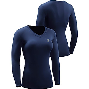 NELEUS Women's 3 Pack Compression Shirts Long Sleeve Yoga Athletic Running Shirts,V-Neck,Black/Grey/Navy Blue,L