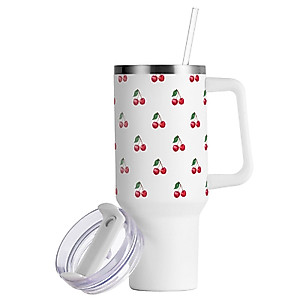 Burbuja Cherries 40oz Insulated Tumblers with Handle and Straw Lid, Double Wall Stainless Steel Travel Mug Leak-Proof, BPA Free, Gift for Mom Dad