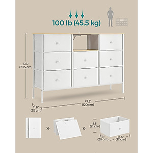 SONGMICS Dresser with Power Outlets and LED Lights, Fabric Chest of Drawers, 25 Colors, 8 Drawers, TV Stand for up to 60 Inch TVs, 11.8 x 47.2 x 31.3 Inches, Cloud White and Oak Beige ULTS518W01