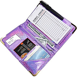 Server Book - Waitress/Waiter Book Organizer with Zipper Pouch, Guest Check Book Holder Money Pocket Restaurant Waitstaff Organizer (Purple)