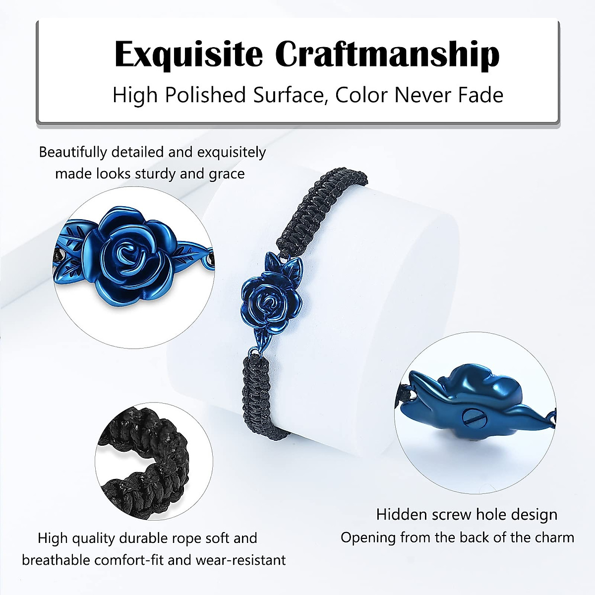 Cremation Jewelry Rose Flower Charm Ashes Bracelet for Women Girls - Handmade Braid Keepsake Bracelet Memorial Urn Bangle Ashes Holder Adjustable Length