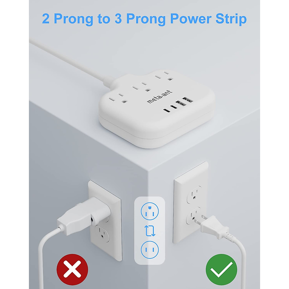 2 Prong to 3 Prong Outlet Adapter, Two Prong Power Strip with 3 Prong Outlets, 3 USB Ports, 5ft Extension Cord Three Prong, Polarized, for Old House, White