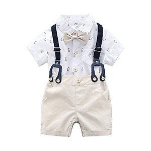 Baby Boys Gentleman Outfits Suits, Infant Short Sleeve Shirt+Bib Pants+Bow Tie Overalls Clothes Set