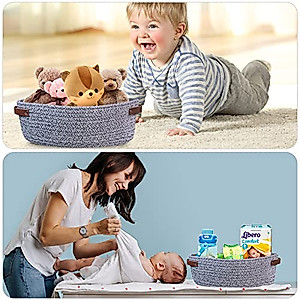 AmapleL Toilet Basket Tank Topper, Small Cotton Rope Woven Basket, Toilet Paper Basket with Handles, Storage Basket for Bathroom, 13"x5.9"x4" Blue