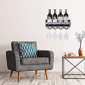 Satauko Wooden Wine Rack for 4 Long Stem Glass Storage, Wall Mounted Wine Bottle Holder for Living Room Display, Rustic Floating Wine Shelf Organizer for Home Kitchen Décor.(Gray)