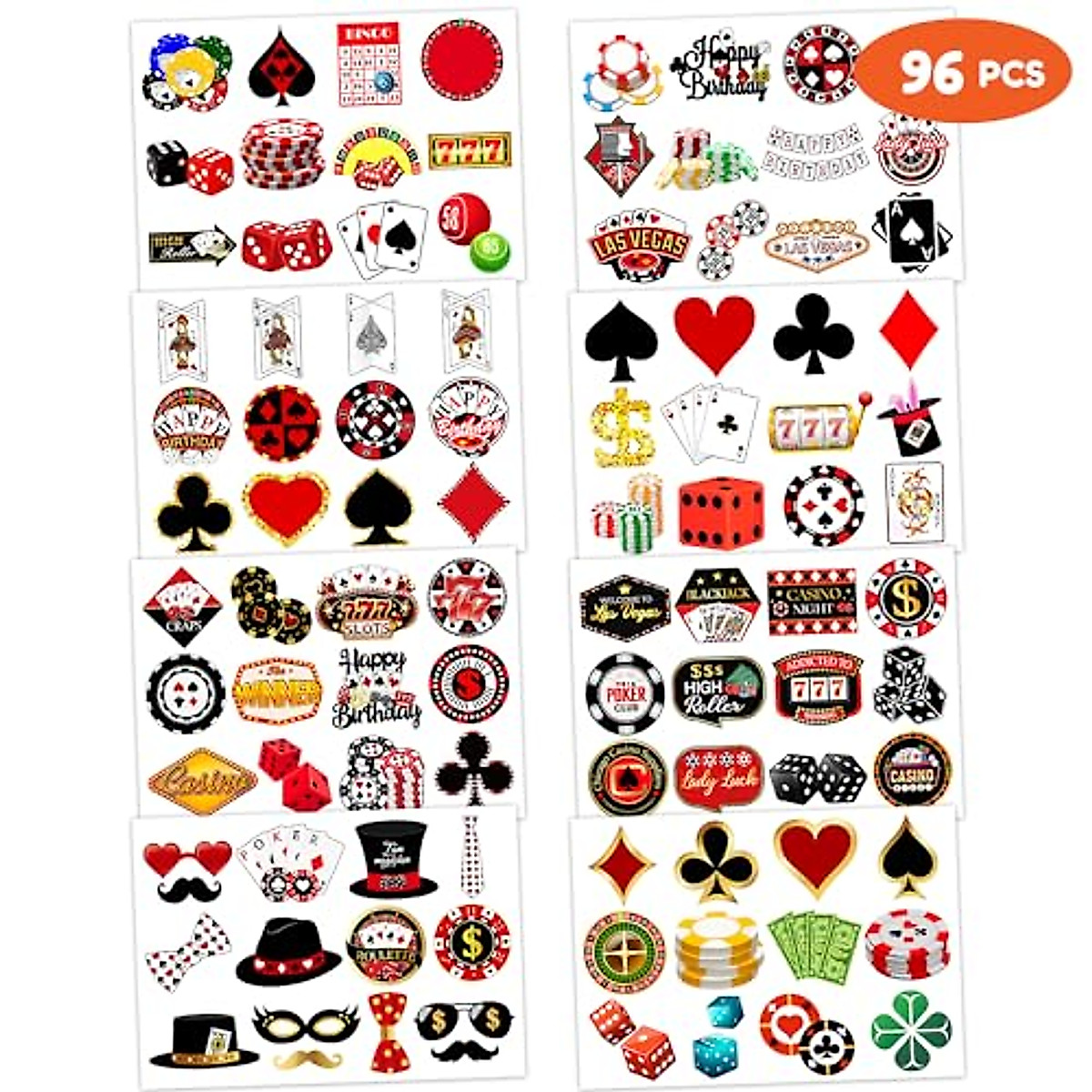 Casino Theme Temporary Tattoos Birthday Party Decorations Favors Decor Supplies Cute Tattoo Stickers 8 Sheets 96 PCS Gifts for Kids Boys Girls Games Classroom Rewards Prizes Carnival Christmas