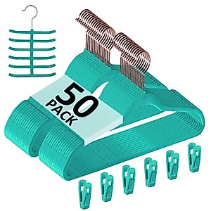 VECELO Premium Velvet Clothes Hangers Suit Heavy Duty (100 Pack)-Non Slip & Space-Saving with 12 Finger Clips & 2Tie Rack Excellent for Men and Women,Teal