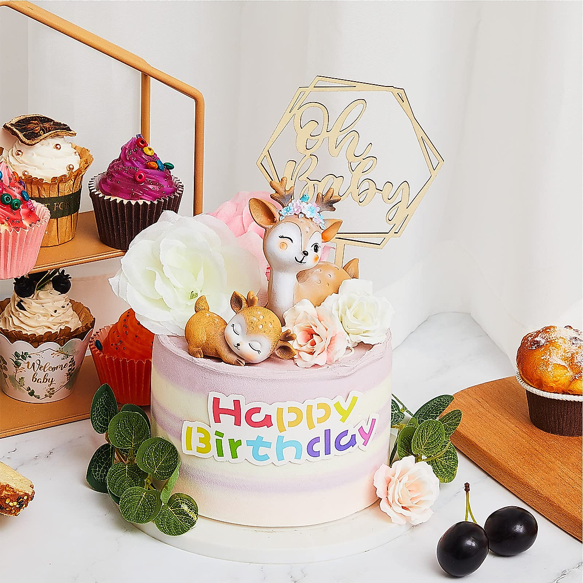 12 Pcs Deer Cake Toppers Deer Figurines Woodland Cake Toppers Baby Shower Deer Cake Topper Oh Deer Cake Topper Baby Girl Woodland Baby Shower Decorations Boho Cake Decorations (Elegant Style)
