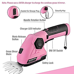 WORKPRO Pink Cordless Grass Shear & Shrubbery Trimmer - 2 in 1 Handheld Hedge Trimmer 7.2V Electric Grass Trimmer Hedge Shears/Grass Cutter 2.0Ah Rechargeable Lithium-Ion Battery - Pink Ribbon