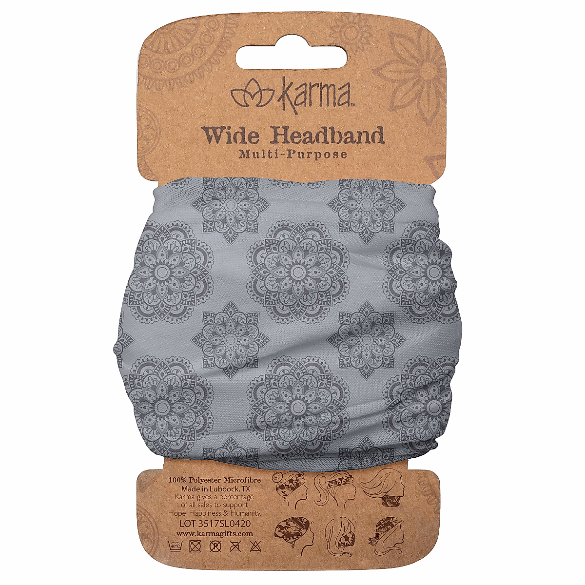 Karma Grey Medallion Headband for Women - Wide - Fabric Headband and Stretchy Hair Scarf - Grey