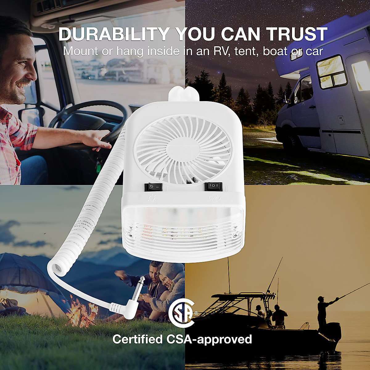 Lumitronics RV Portable 12V LED Interior Bunk Light and 2-Speed Personal Fan Combo - Quiet Motor - Reading Light with Extendable 8-Foot Cord - On/Off Switch - Mounting Brackets Included