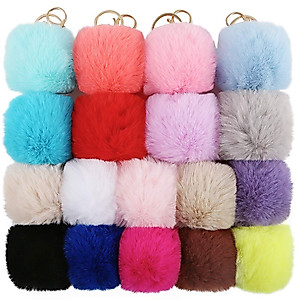 Auihiay 18 Pieces Pom Poms Keychains Fluffy Pompoms Keychain Faux Rabbit Fur Pompoms Keyring